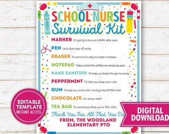 School Nurse Survival Kit Gift Tags, National Nurses Day, School Nurse ...