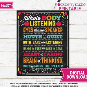 Whole Body Listening Teacher Printables Classroom Poster | Etsy