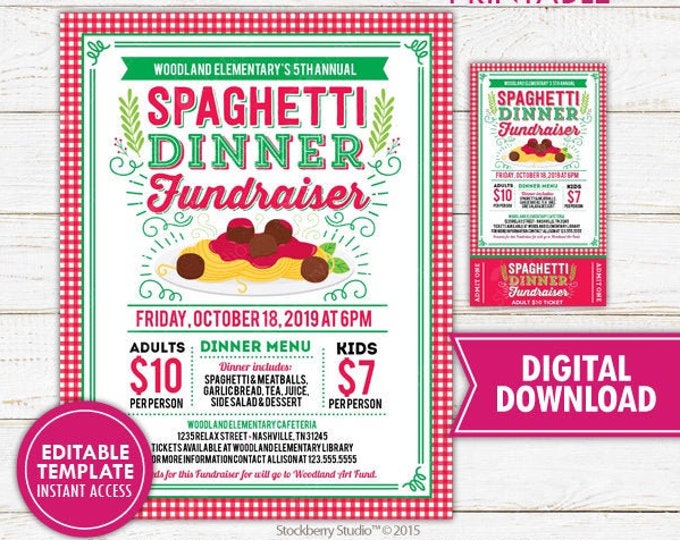 Spaghetti Dinner Fundraiser Flyer Tickets Printable Pasta Dinner Invite ...