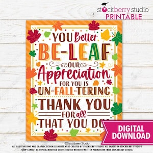 Fall Appreciation Sign Autumn Leaf Thank You Nurse School Teacher Staff ...
