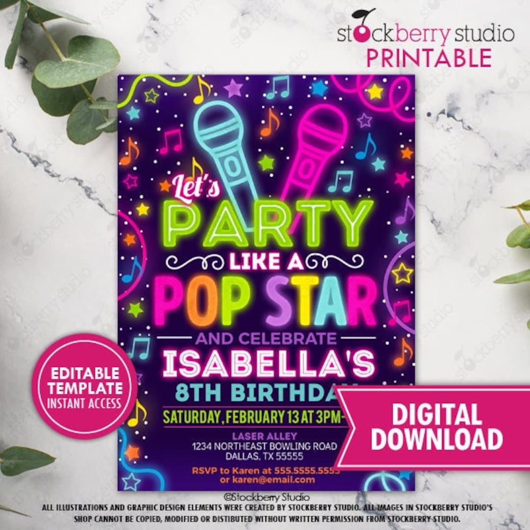 Pop Star Birthday Invitation Girl Neon Glow in the Dark Music Party ...