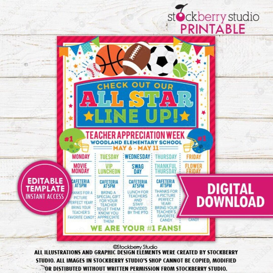 Sports Teacher Appreciation Week Schedule Itinerary Flyer Printable All ...