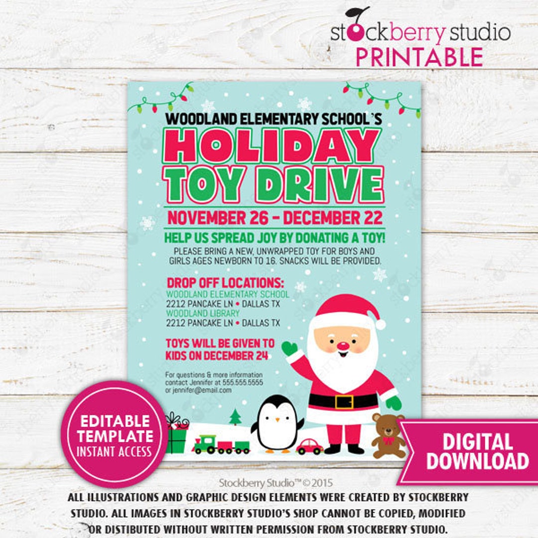 Holiday Toy Drive Flyer Printable Kids Christmas PTO PTA School ...