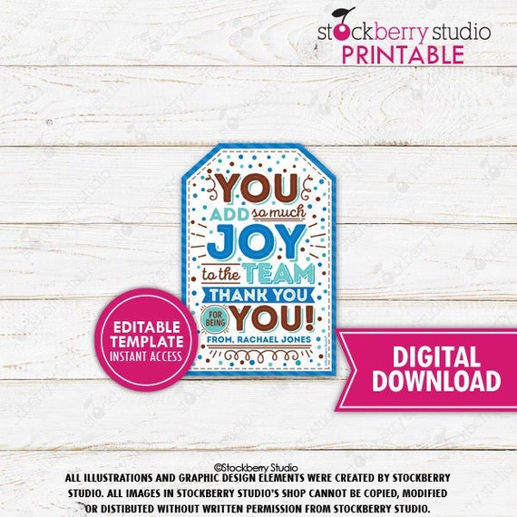Joy Team Thank You Gift Tag Printable Editable Treat labels Template ...
