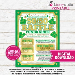 50/50 Raffle Ticket Fundraiser Flyer Printable Cash Split the Pot PTO ...