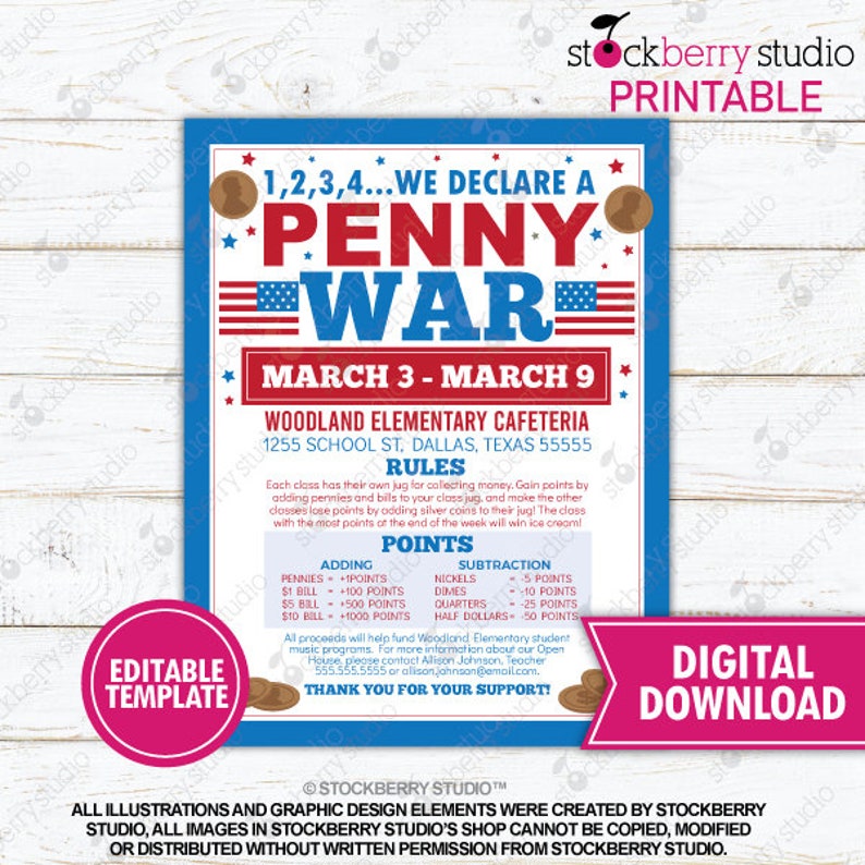 Penny War Flyer School Fundraiser PTO PTA Charity Benefit Church ...