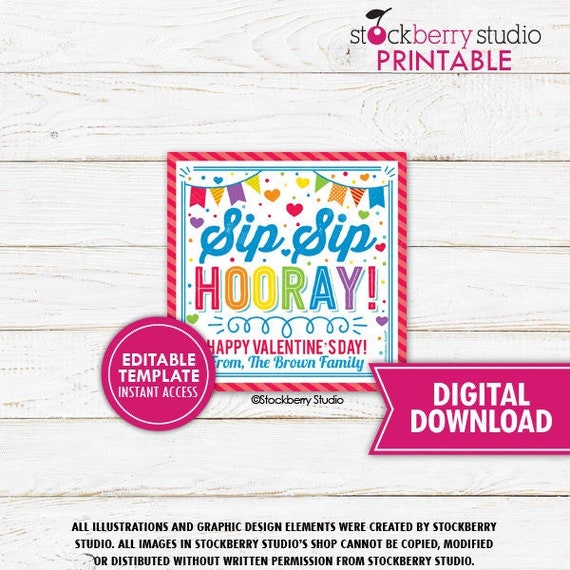 Valentine Sip Sip Hooray Gift Tags Printable Silly Straw Valentines Day ...
