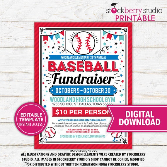 Baseball Fundraiser Flyer Printable Tournament School PTO PTA Benefit ...