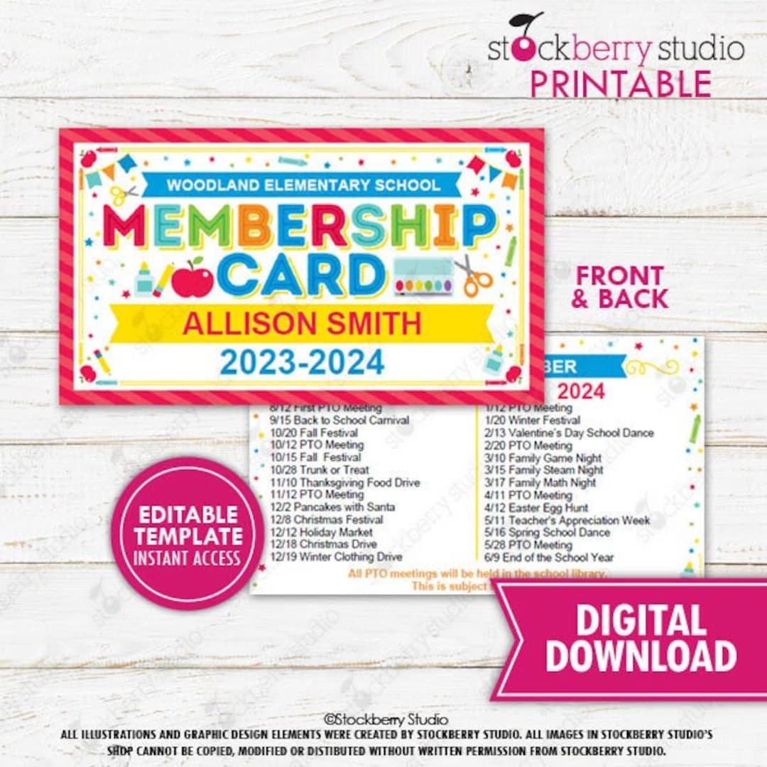 PTO PTA Membership Card Volunteer Form Handout Printable Yearly School ...