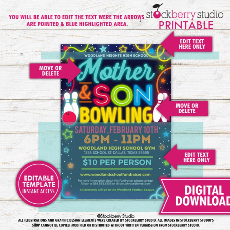 Mother Son Bowling Flyer Ticket Set Printable PTO PTA School Dance ...