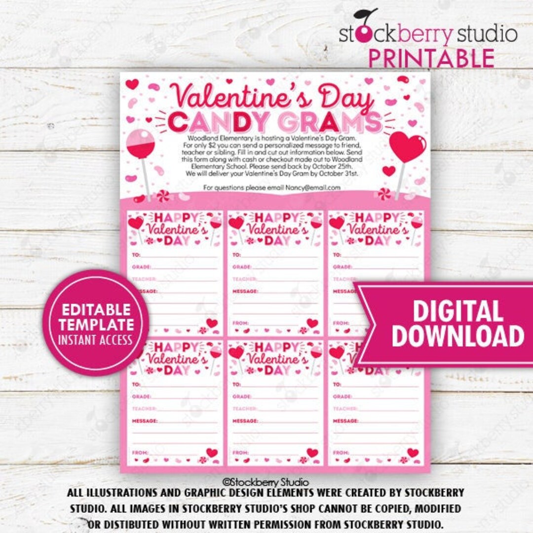 Valentine's Day Candy Gram Flyer Printable Editable Church PTO PTA ...