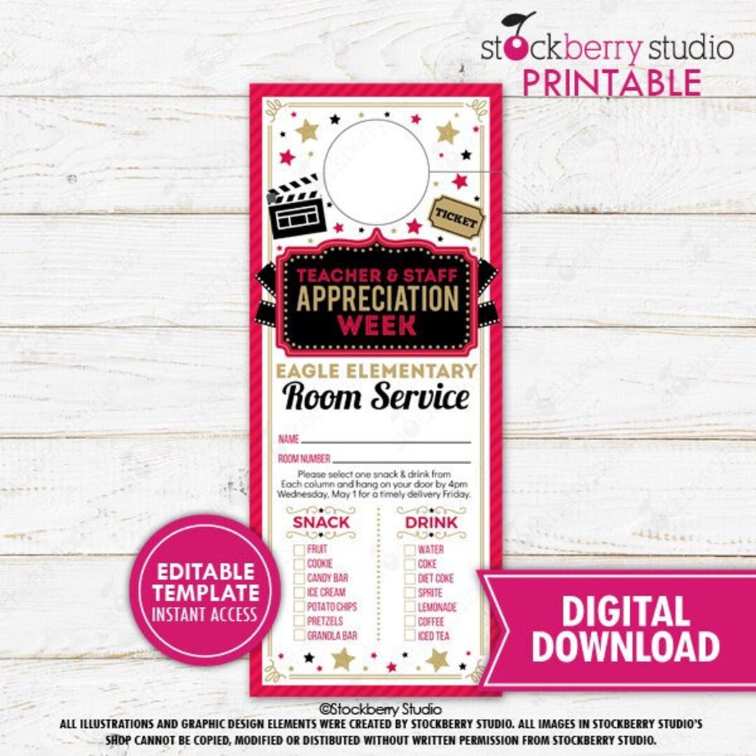 Hollywood VIP Room Service Door Hanger Printable Teacher Staff ...