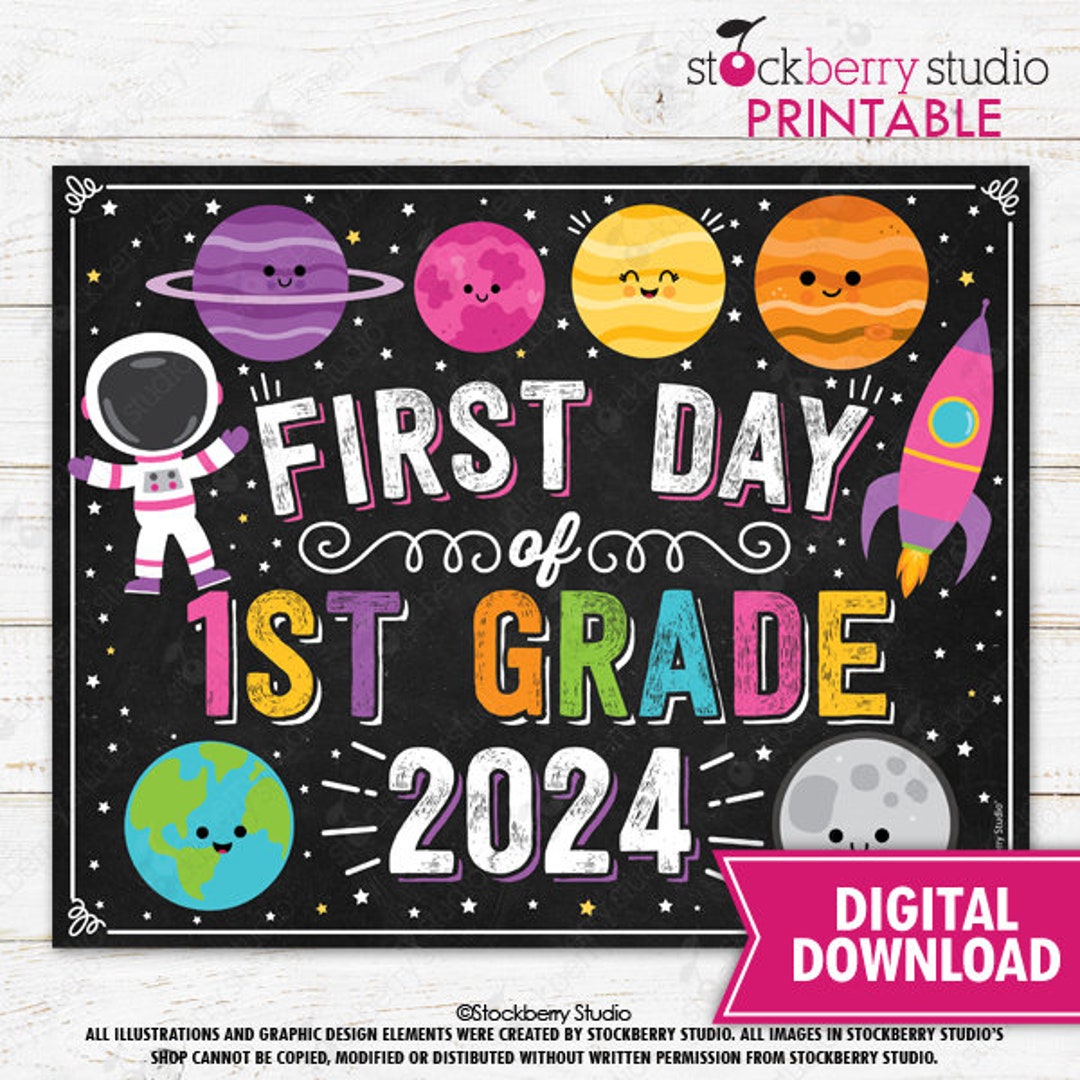Space First Day of 1st Grade Sign Girl Rocket First Day of First Grade ...