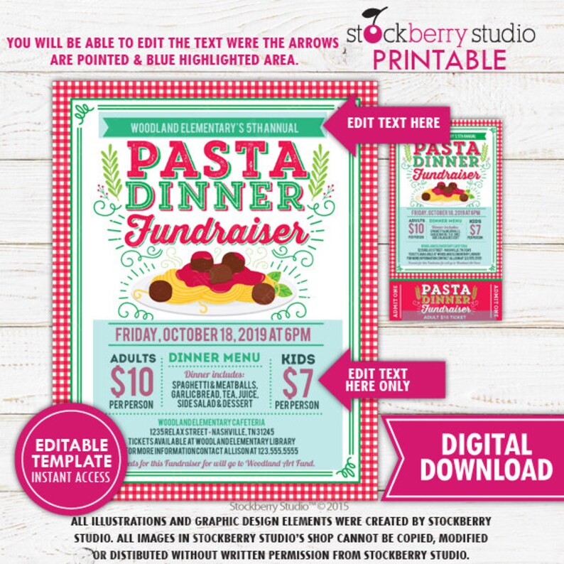 Pasta Dinner Flyer Printable Template Spaghetti Fundraiser Ticket ...