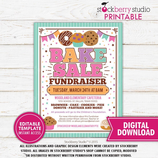 Bake Sale Flyer PTA PTO School Fundraiser Church Charity Event Invite ...