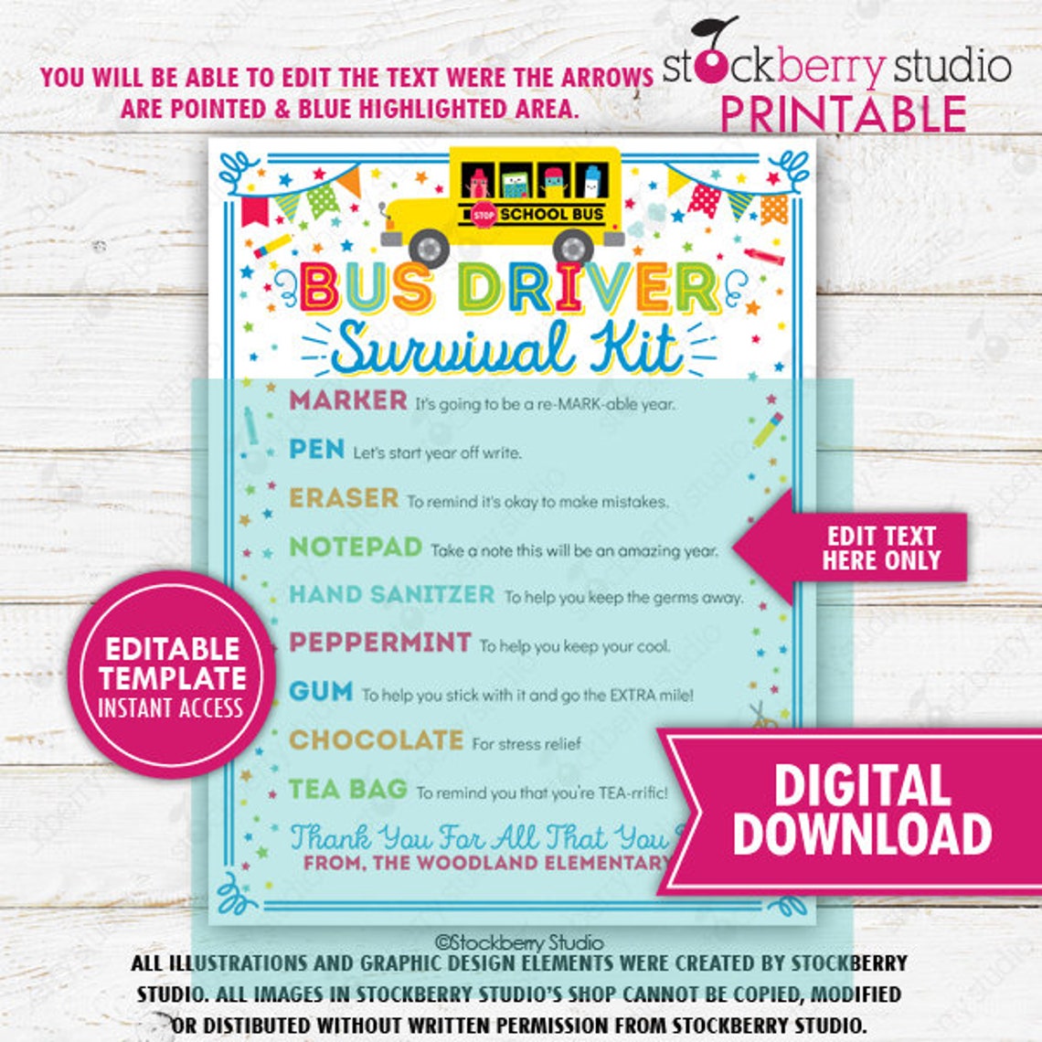 Bus Driver Survival Kit Printable Thank You Appreciation Week - Etsy