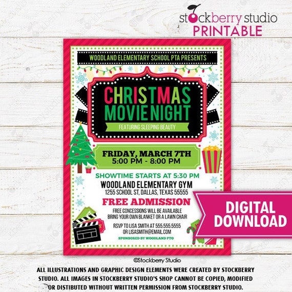 Christmas Movie Night Flyer Invitation Church Event Holiday School ...