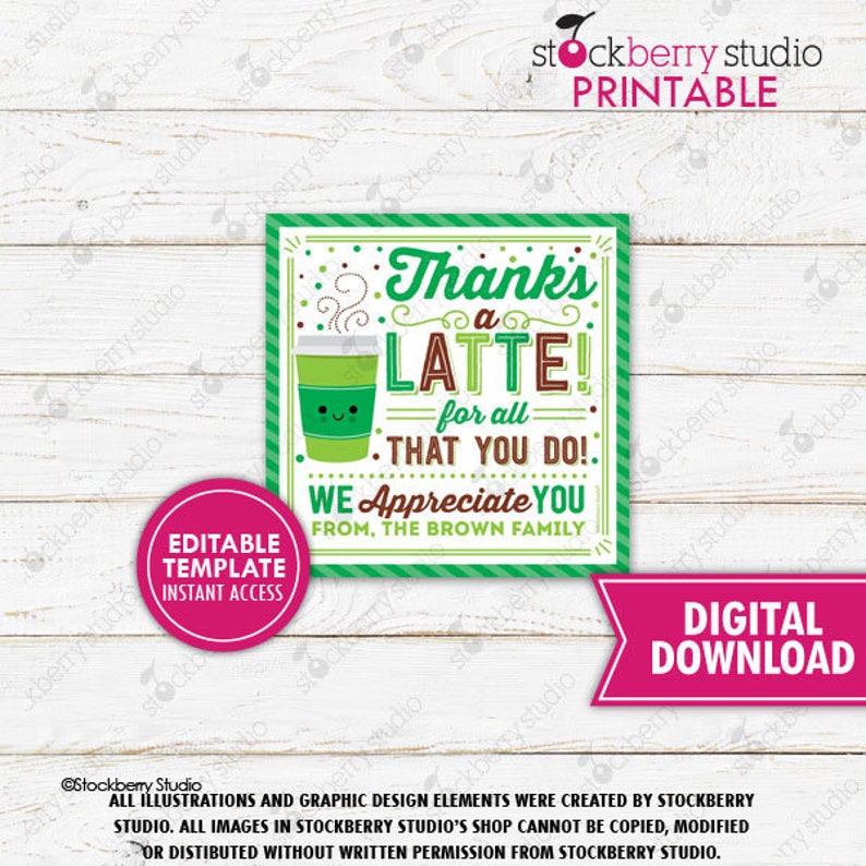 Thanks a Latte Gift Tag Printable Coffee Thank You Tag - Etsy