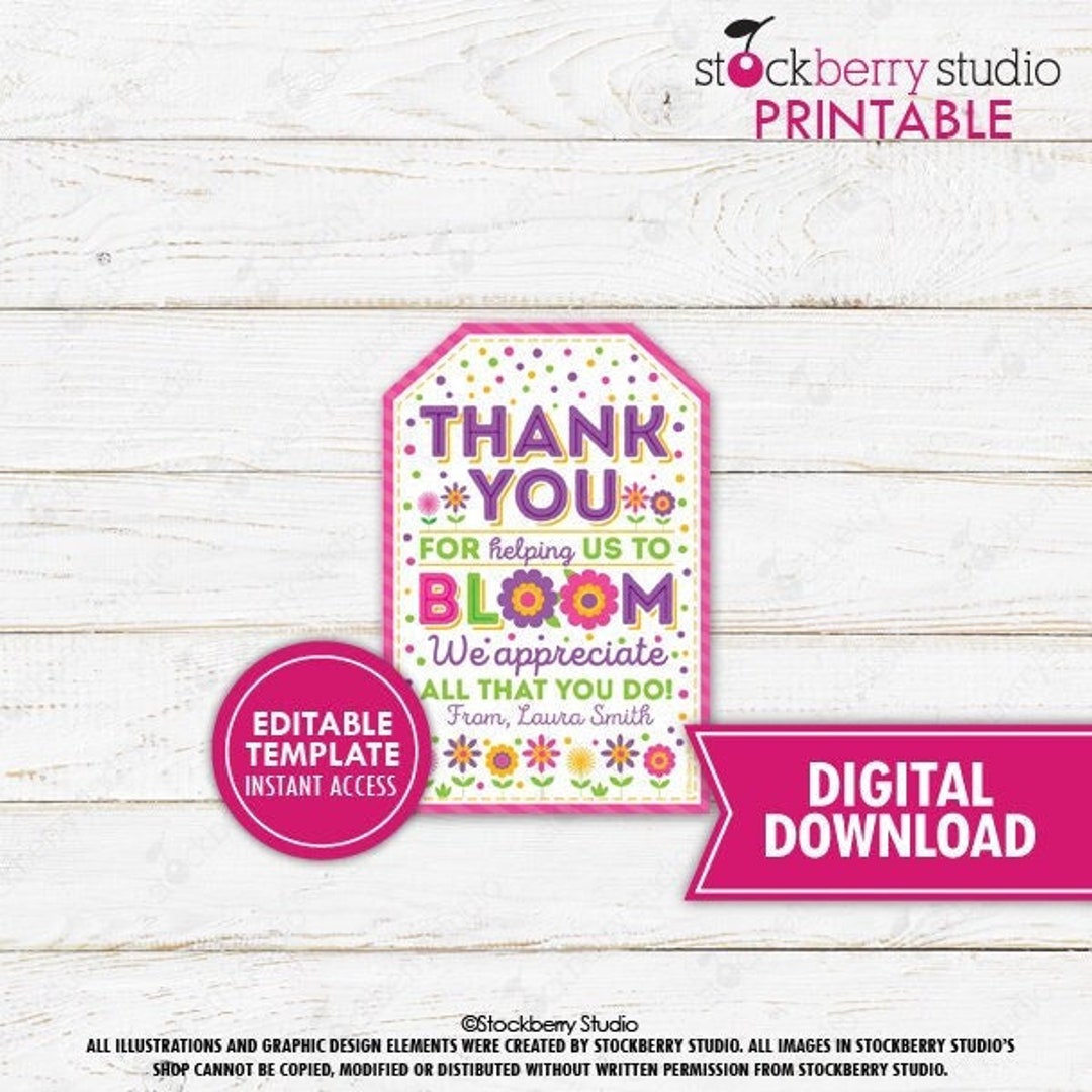 Flower Thank You for Helping Us Bloom Gift Tag Printable Floral Grow ...