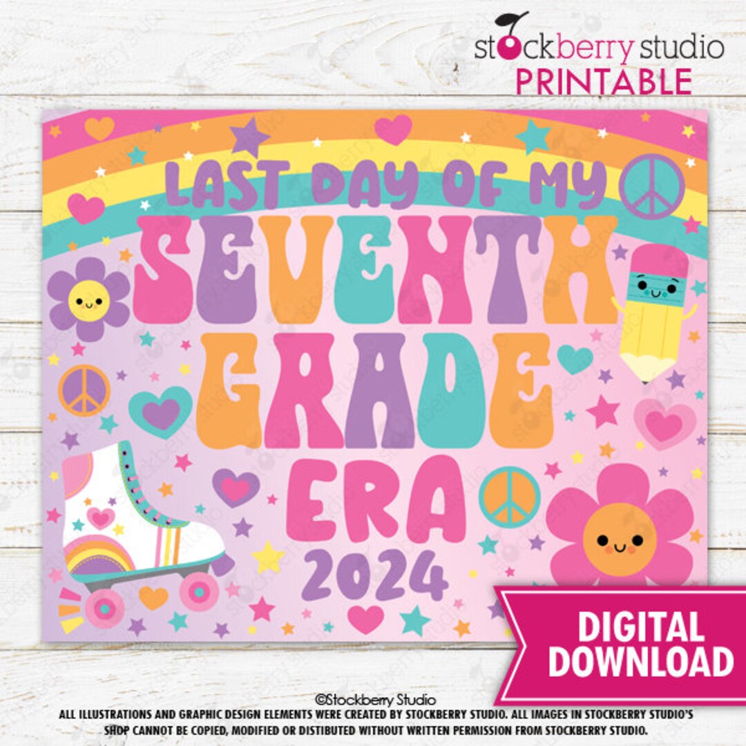 Groovy Retro Last Day of 7th Grade Sign in My Seventh Grade Era Boho ...