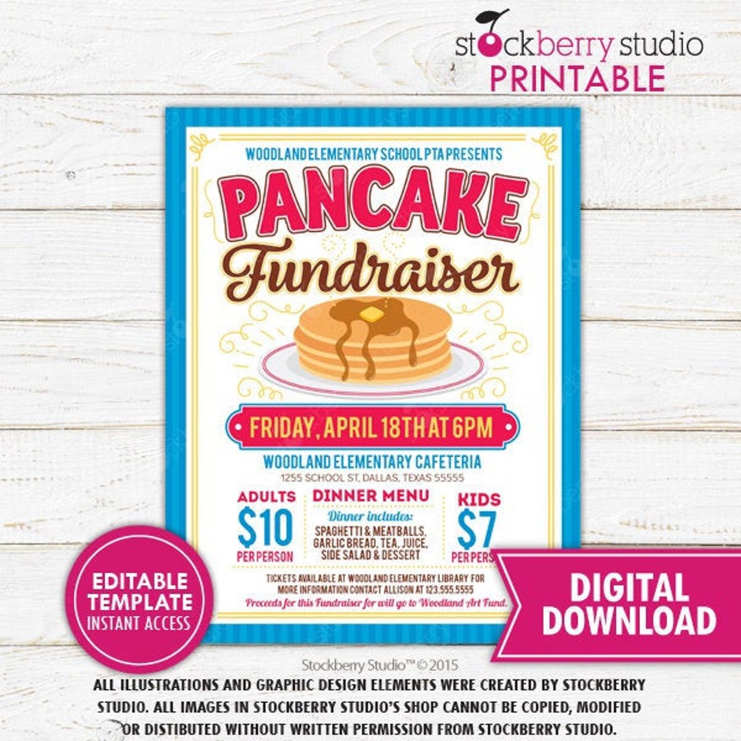 Pancake Breakfast Fundraiser Flyer PTA PTO School Fundraiser Church ...