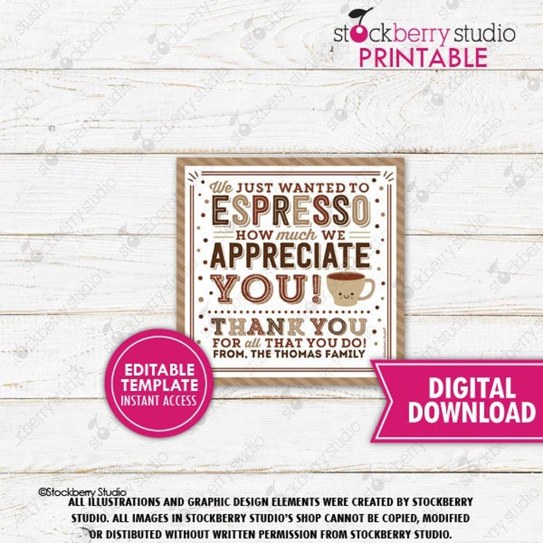 Coffee Gift Tag Printable Espresso Thank You Tag Thanks A Latte Teacher ...