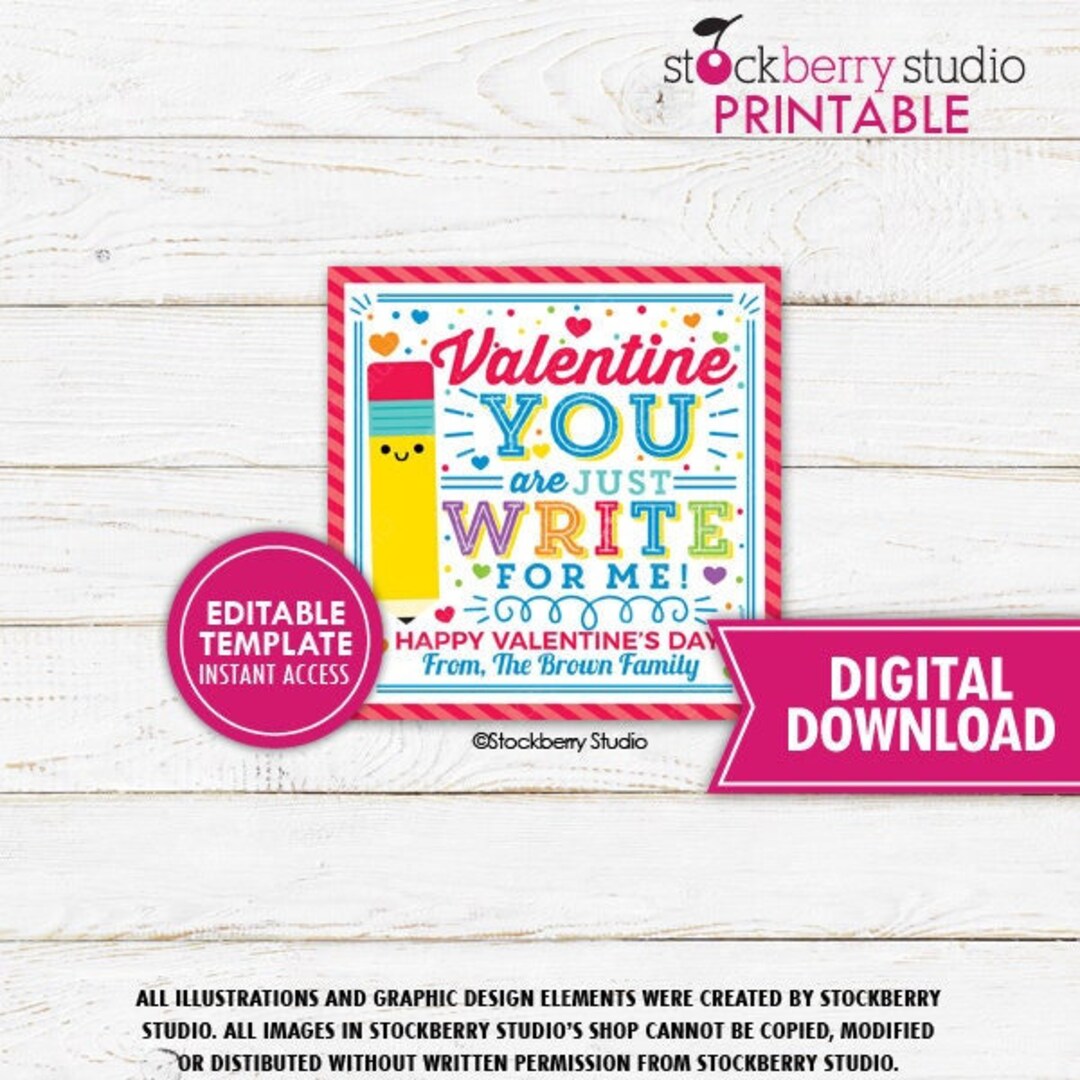 Valentine Pencil Gift Tags You Are Just Write School Tag Kids Valentine ...