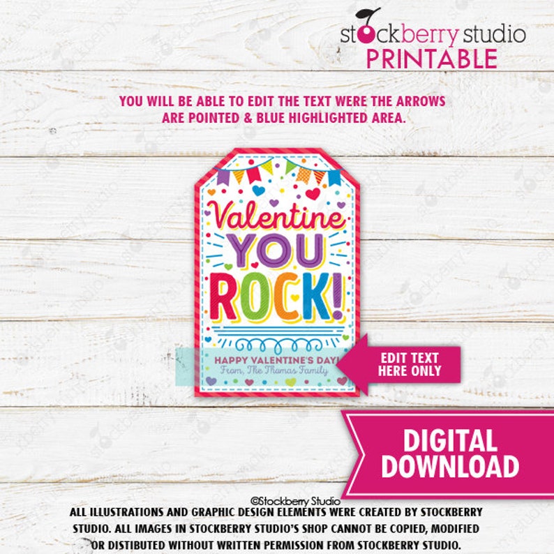 Valentine You Rock Gift Tag Printable Editable Painting Painted Rocks ...