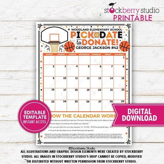 Basketball Pick A Date To Donate Calendar Flyer Printable Basketball 