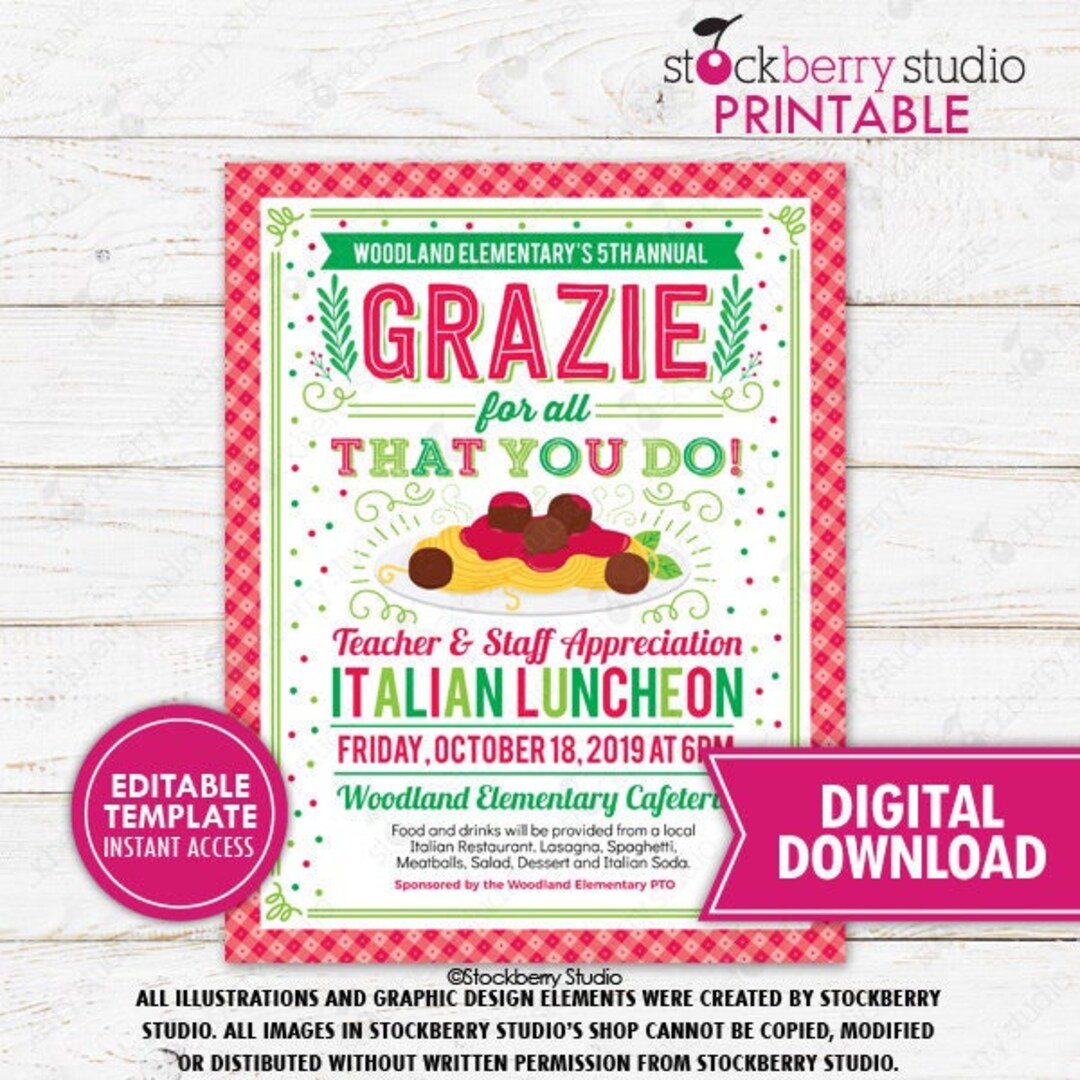 Teacher Staff Appreciation Week Italian Luncheon Invitation Printable ...