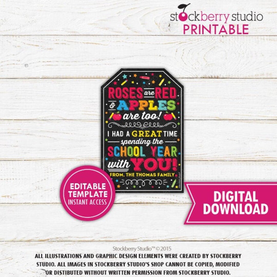 End of the Year Teacher Gift Tag Printable Teacher Thank You Tag ...