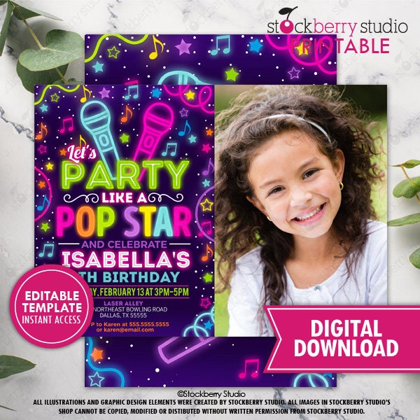 Pop Star Birthday Photo Invitation Printable Girl Neon Glow in - Etsy
