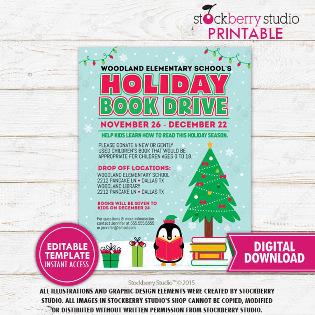 Holiday Book Drive Flyer Printable Christmas Fundraiser Flyer Christmas ...