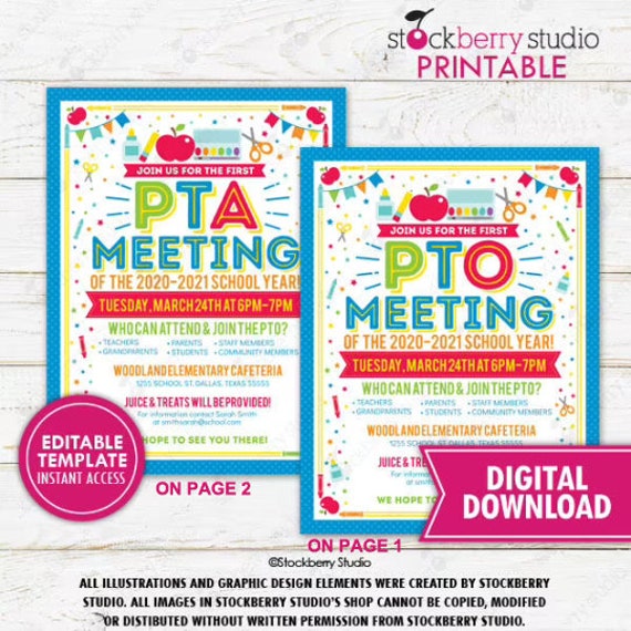 Paper & Party Supplies PTO PTA Meeting Informational Flyer School ...