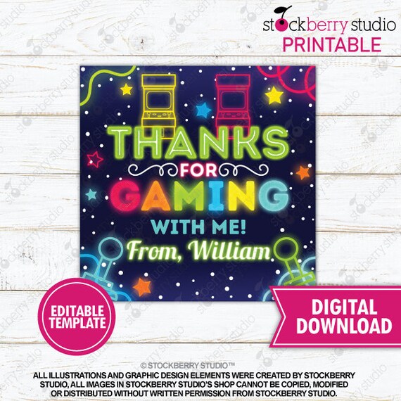 Arcade Party Thank You Tag Printable Neon Glow Video Gaming Party Gamer ...