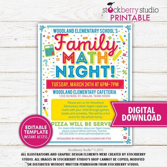 Family Math Night Flyer Printable Template Fundraiser Poster - Etsy