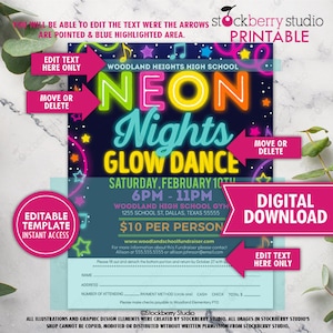 Neon Nights Glow Dance Flyer Printable Take Home Sheet High School ...