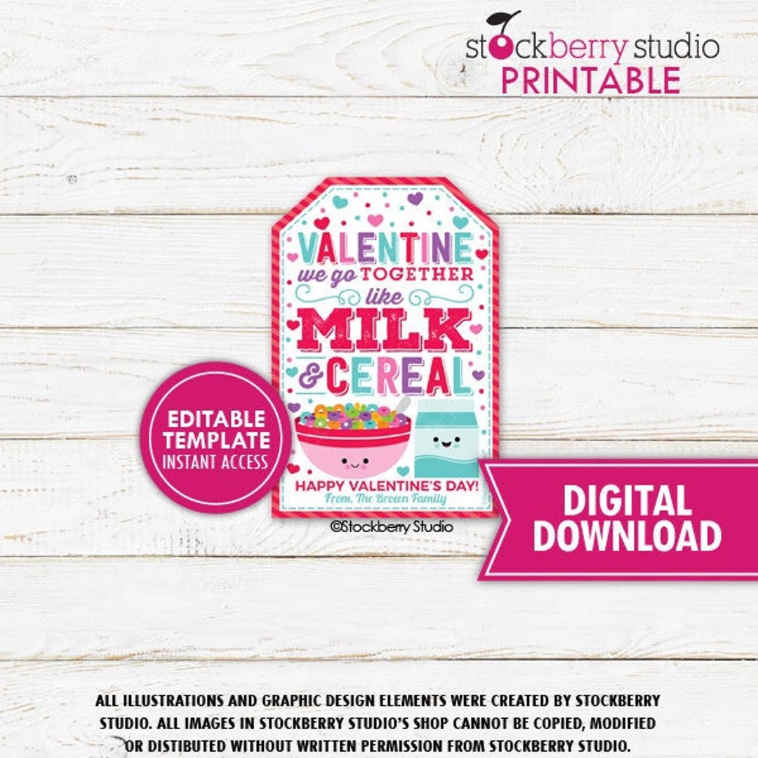 Valentine's Day Cereal Gift Tag We Go Together Like Milk and Cereal ...