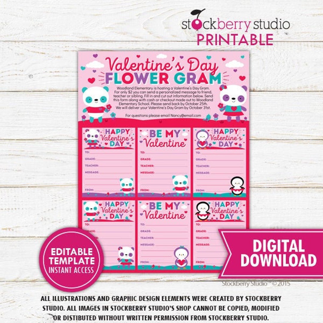 Valentines Day Flower Gram Printable Editable School Fundraiser Flyer ...