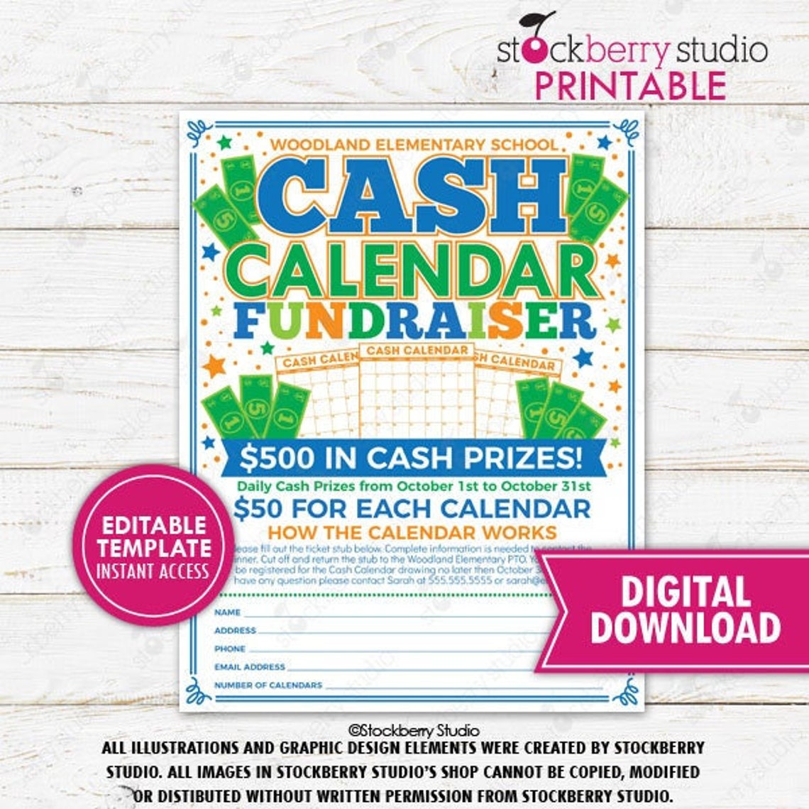 Cash Calendar Fundraiser Flyer Printable School PTO PTA - Etsy