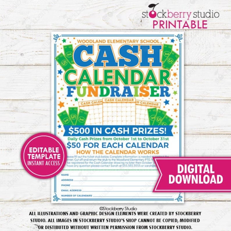 Cash Calendar Fundraiser Flyer Printable School PTO PTA - Etsy