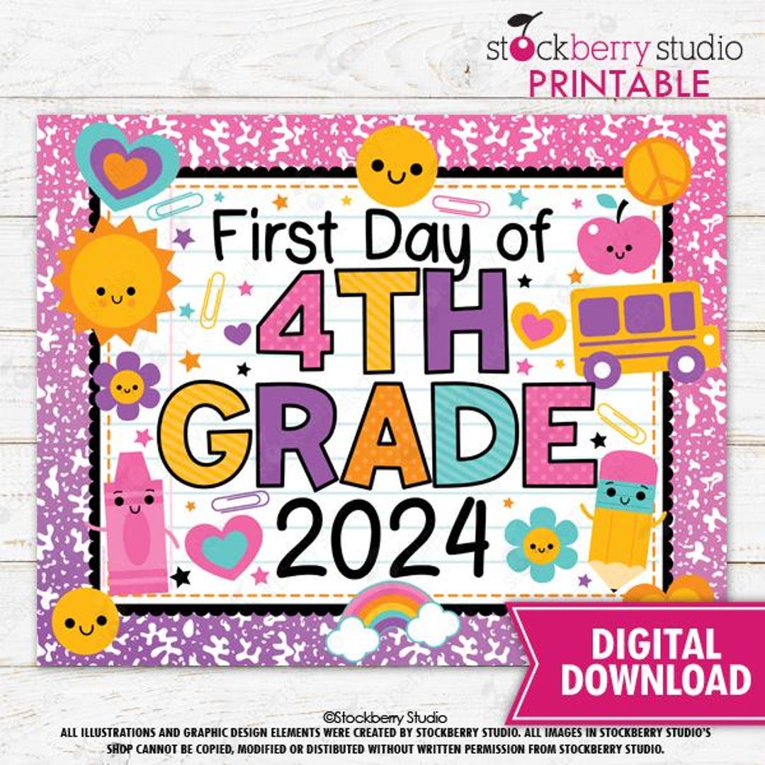 Primer día de 4to grado Sign Girl Primer día de cuarto grado Imprimible ...