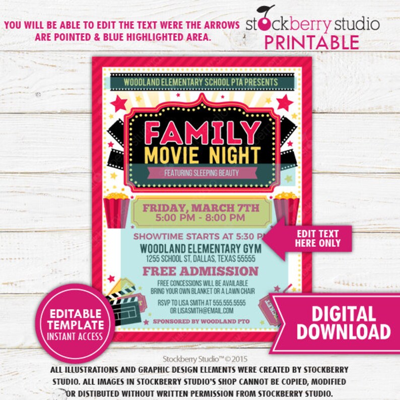 Family Movie Night Flyer Church Movie Event School Fundraiser PTO PTA ...