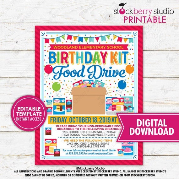 Birthday Cake Kit Food Drive Flyer Printable Donation Fundraiser PTO ...
