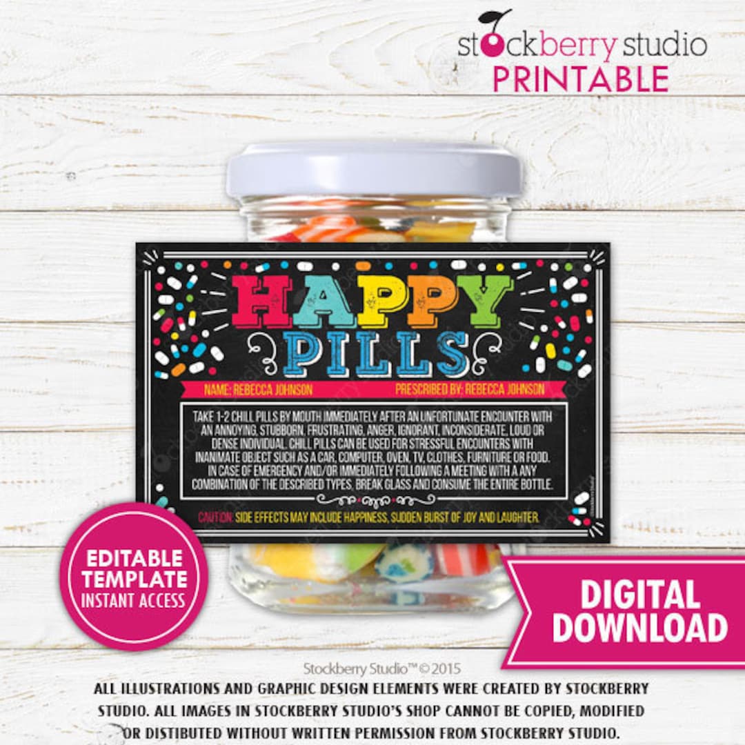 Happy Pill Label Printable Prescription Label Funny Office Gift ...