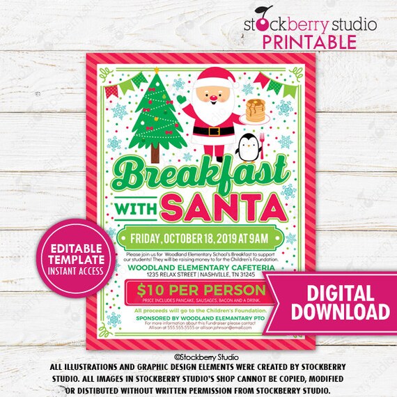 Breakfast with Santa Flyer Printable PTO PTA School Fundraiser ...