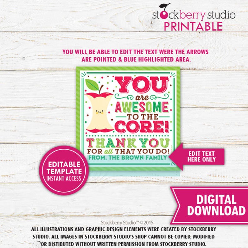 Teacher Gift Tags Printable Apple You Are Awesome to the Core - Etsy