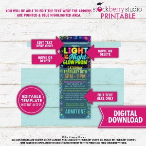 Light up the Night Prom Flyer Ticket Invite Set Printable Neon Glow ...