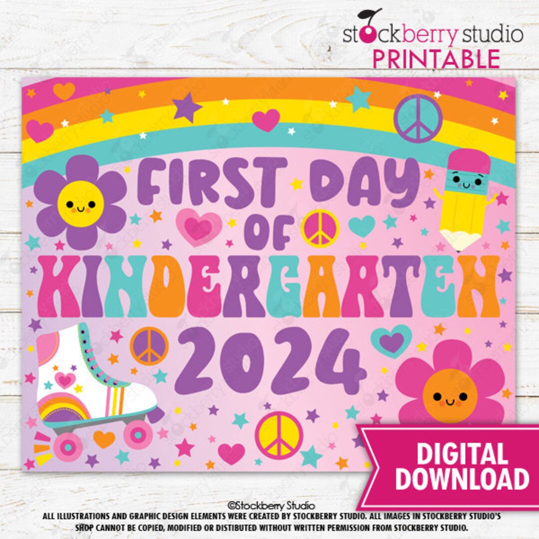 Retro First Day of Kindergarten Sign Rainbow Boho Roller Skate Girl 1st ...