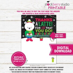 Thanks a Latte Christmas Coffee Gift Card Holder Printable Editable ...